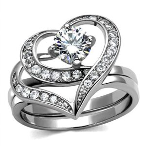 marimor jewelry women's 1.2 carat round cut cubic zirconia 2 piece heart shape stainless steel wedding ring set size 10