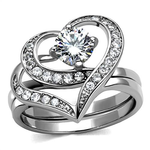 Marimor Jewelry Women's 1.2 Carat Round Cut Cubic Zirconia 2 Piece Heart Shape Stainless Steel Wedding Ring Set Size 10