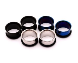 mystic metals body jewelry set of 3 pairs single flare steel tunnels (black, blue, steel) (3/4" (19mm))