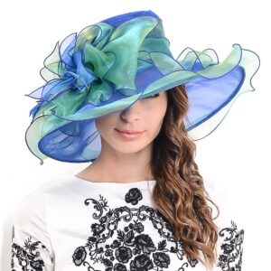 ladies kentucky derby church hat wide brim leaf flower bridal dress hat s037, navy&green, medium