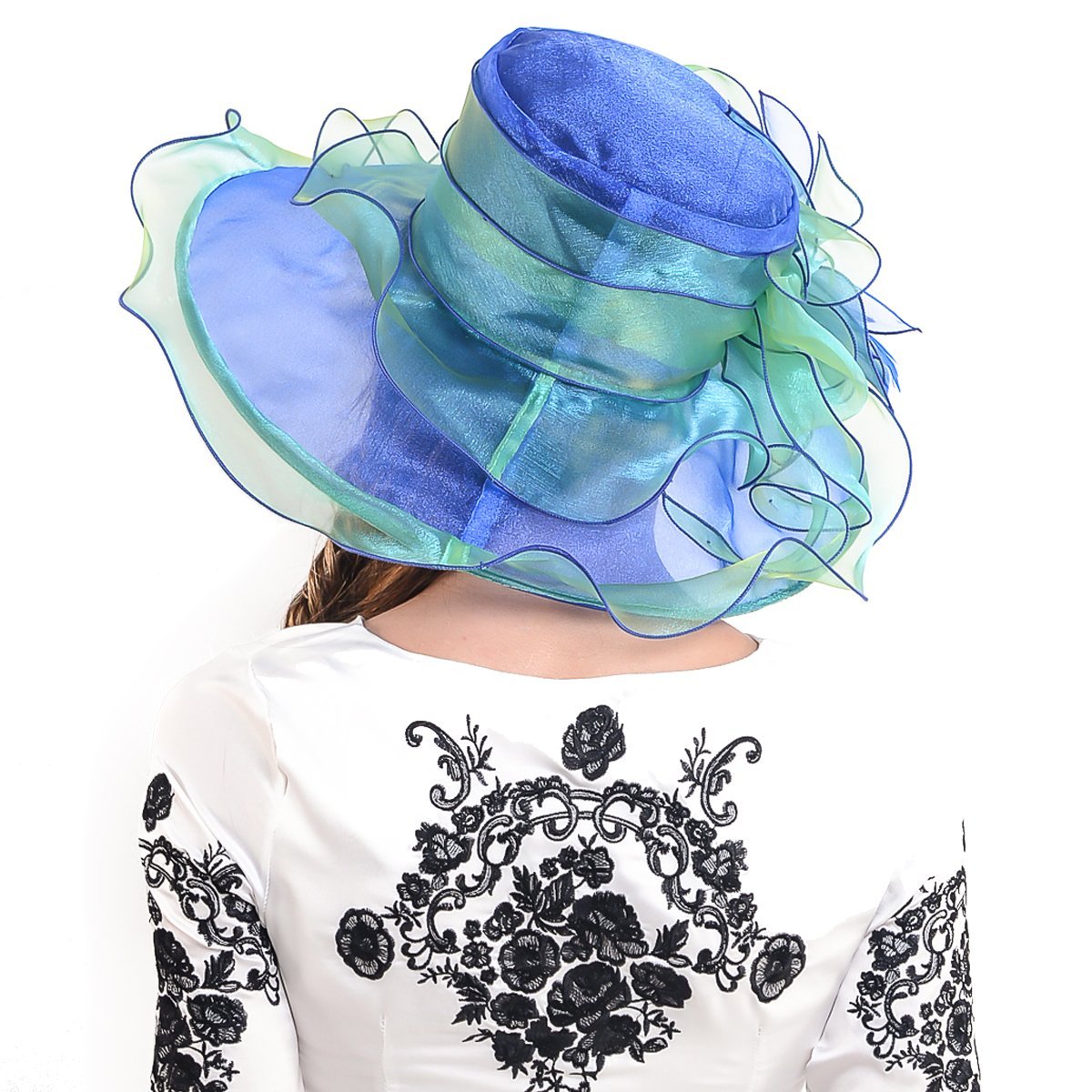 Ladies Kentucky Derby Church Hat Wide Brim Leaf Flower Bridal Dress Hat s037, Navy&green, Medium