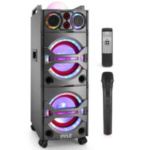 pyle portable bluetooth pa speaker system - 2000w active powered outdoor bluetooth speaker portable pa system w/ microphone in, party lights, usb sd card reader, aux/rca/fm radio, wheels - psufm1043bt