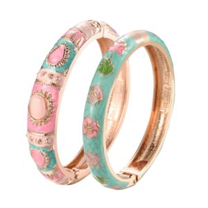 ujoy vintage cloisonne jewelry bracelet gold plated handmade bead rhinestones enamel spring cuff bangles 2 pcs set for womens gift 7734-55a67 pink green