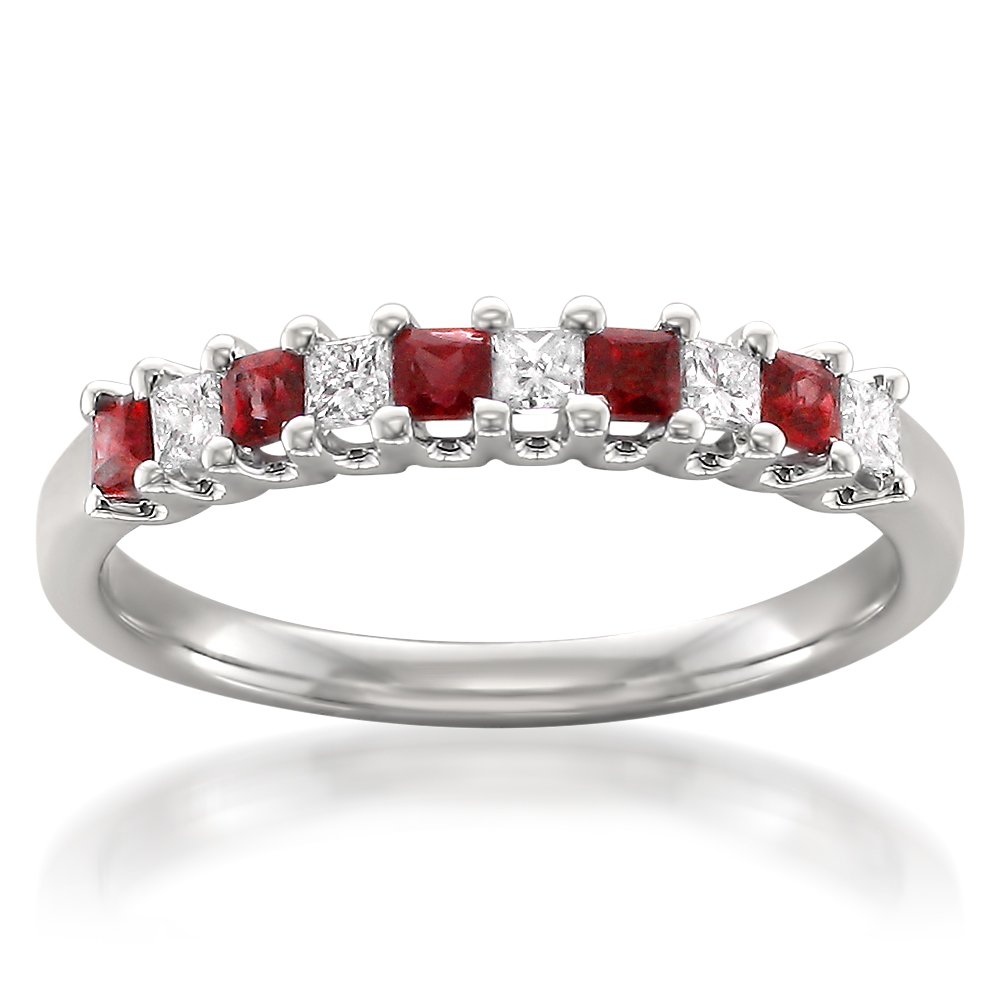 Beyond Brilliance 1/2 Carat Prong-Set Princess Cut Diamond & Red Ruby Bridal Wedding Band Ring in 14K White Gold (H-I, I1-I2)