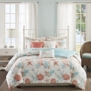 madison park pebble beach cotton duvet set - coastal, starfish, sealife design, all season, breathable comforter cover bedding, matching shams, decorative pillows, coral full/queen(90"x90") 6 piece