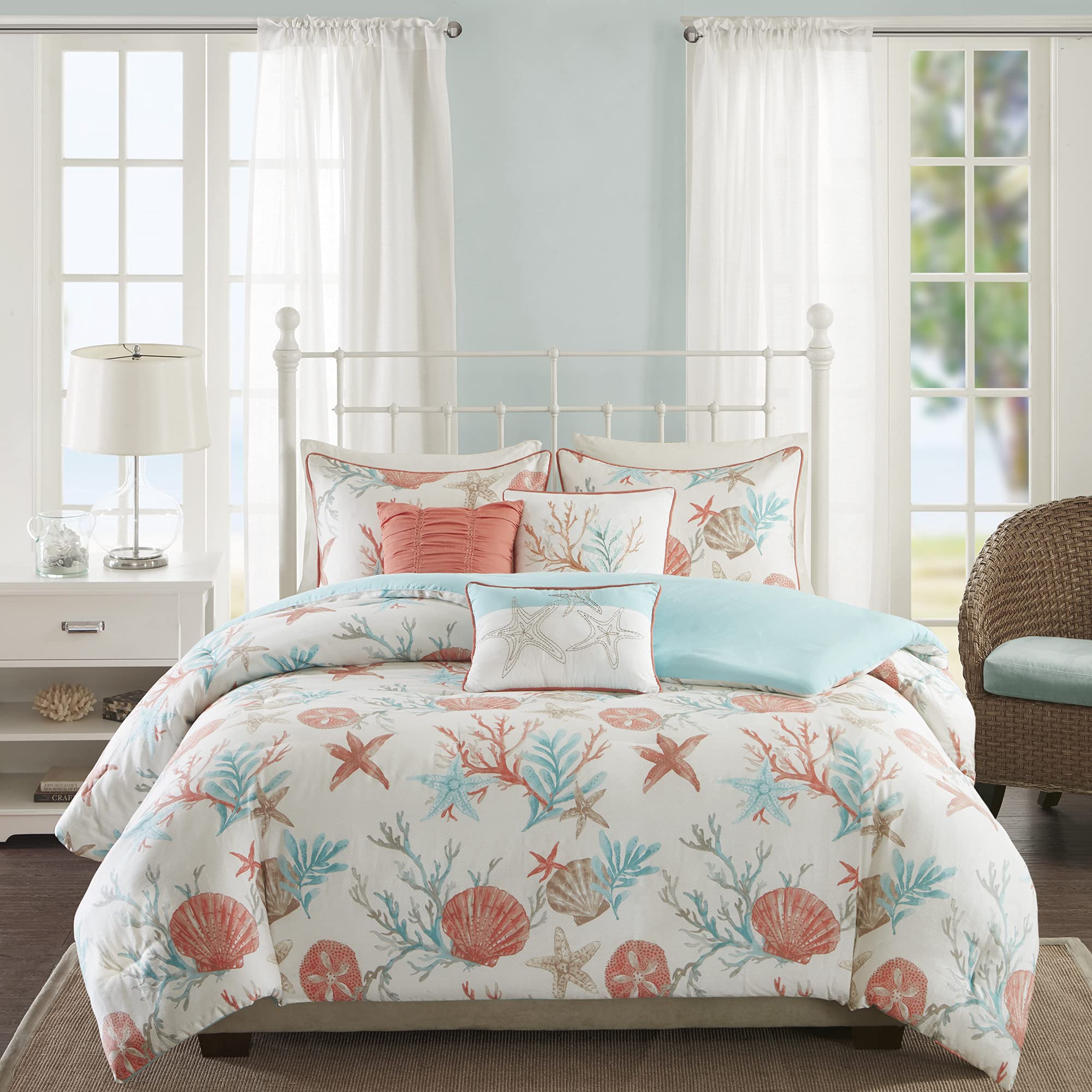 Madison Park Pebble Beach Cotton Duvet Set - Coastal, Starfish, Sealife Design, All Season, Breathable Comforter Cover Bedding, Matching Shams, Decorative Pillows, Coral Full/Queen(90"x90") 6 Piece