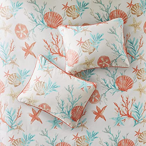 Madison Park Pebble Beach Cotton Duvet Set - Coastal, Starfish, Sealife Design, All Season, Breathable Comforter Cover Bedding, Matching Shams, Decorative Pillows, Coral Full/Queen(90"x90") 6 Piece