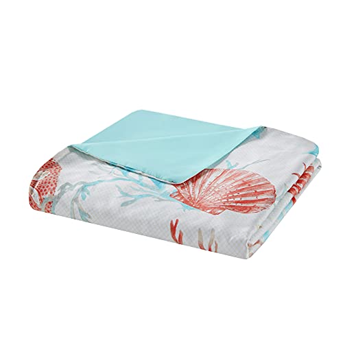 Madison Park Pebble Beach Cotton Duvet Set - Coastal, Starfish, Sealife Design, All Season, Breathable Comforter Cover Bedding, Matching Shams, Decorative Pillows, Coral Full/Queen(90"x90") 6 Piece