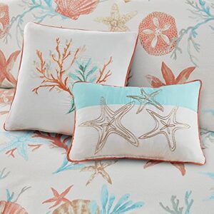 Madison Park Pebble Beach Cotton Duvet Set - Coastal, Starfish, Sealife Design, All Season, Breathable Comforter Cover Bedding, Matching Shams, Decorative Pillows, Coral Full/Queen(90"x90") 6 Piece