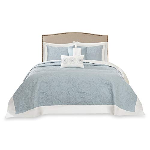 Madison Park Ashbury Bedspread Set - Luxury Textured Quilt, All Season, Large Lightweight Coverlet, Cozy Bedding, Matching Shams, Medallion Blue, Oversized King (120 in x 118 in)