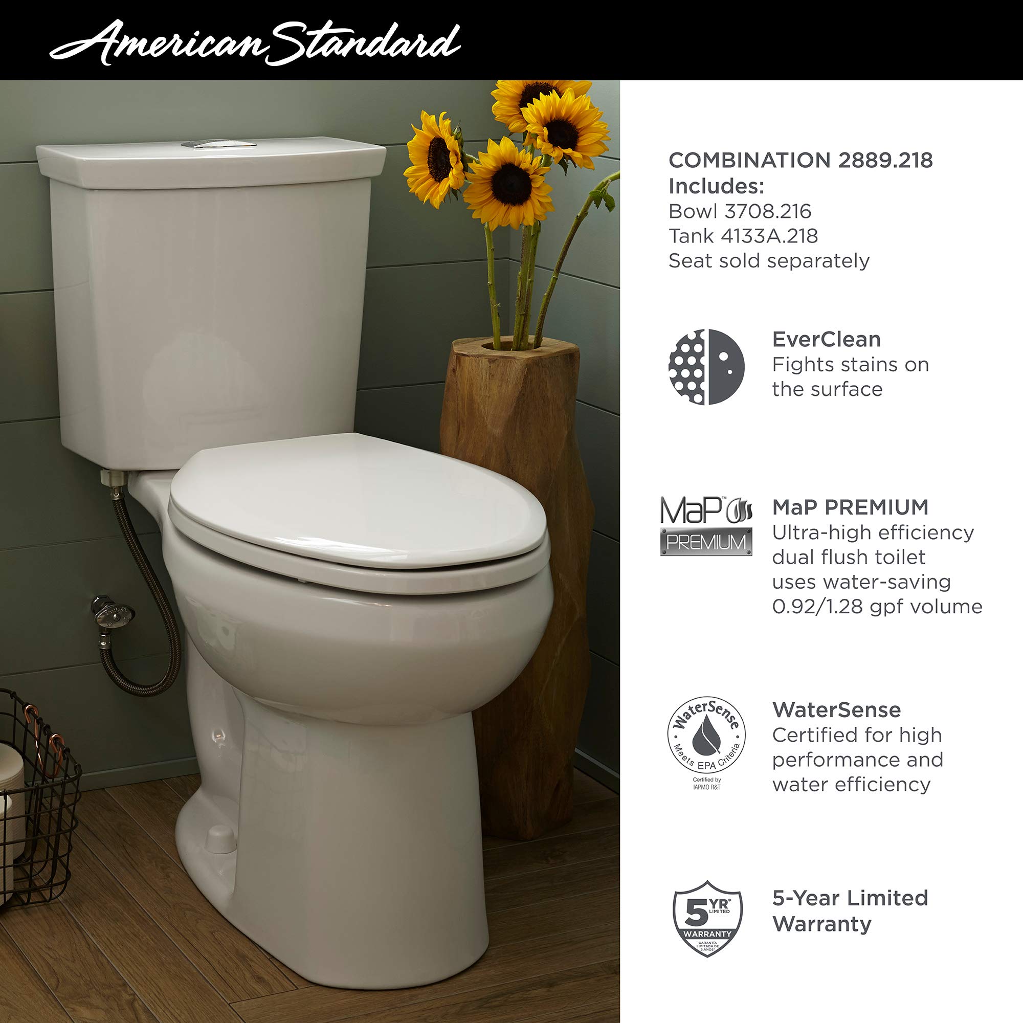 American Standard 2889218.020 H2Option Two-Piece Toilet, Round Front, Standard Height, Dual Flush, White, 0.92 - 1.28 gpf