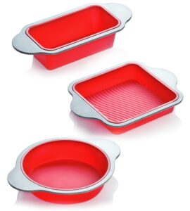 boxiki kitchen silicone baking pans set. 3 pcs professional silicone non-stick baking cake pans set includes silicone round cake pan, square cake pan and bread loaf pan.