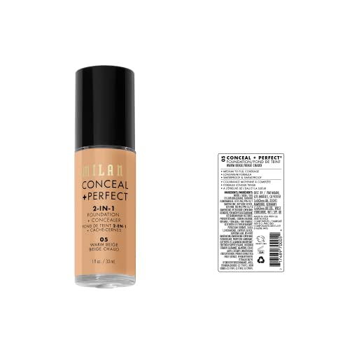 Milani Conceal + Perfect 2-in-1 Foundation + Concealer - Warm Beige (1 Fl. Oz.) Cruelty-Free Liquid Foundation - Cover Under-Eye Circles, Blemishes & Skin Discoloration for a Flawless Complexion