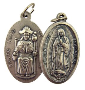 religious gifts silver toned base our lady of guadalupe santo nino de atocha two sided medal pendant, 1 3/8 inch