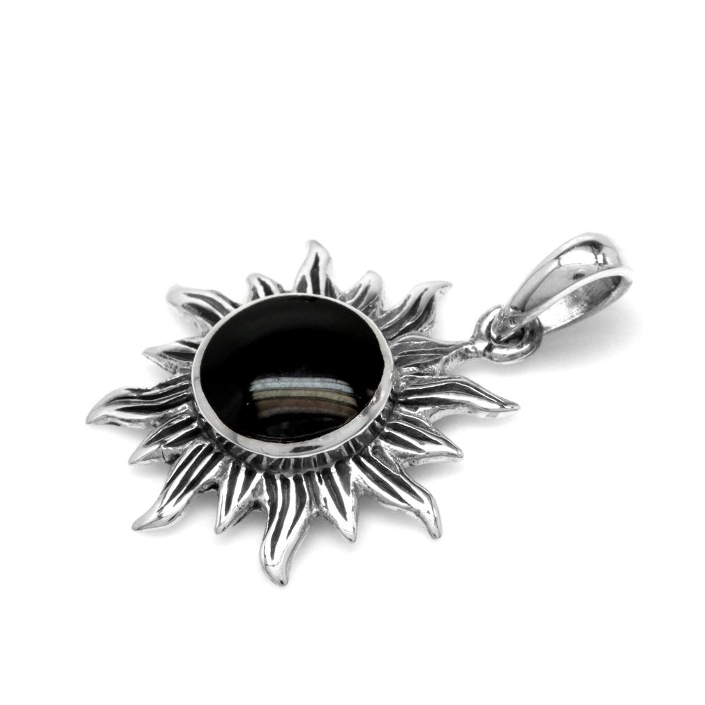 Silvershake Created Onyx 925 Sterling Silver Sun Ray Inspired Pendant with 18 Inch Chain Necklace