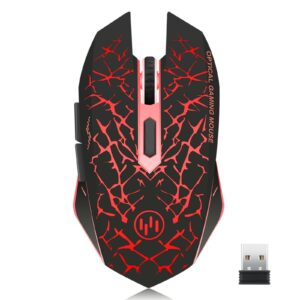 tenmos k6 wireless gaming mouse, rechargeable silent led optical computer mice with usb receiver, 3 adjustable dpi level and 6 buttons, auto sleeping for laptop/pc/notebook (red light)