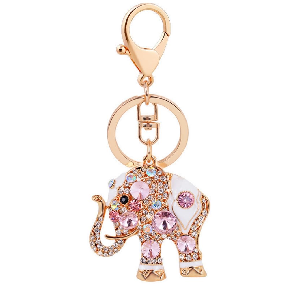 Reizteko Lucky Elephant Colorful Opal Rhinestone Plating Women Car/Bag Keychain Purse Charm - Pink