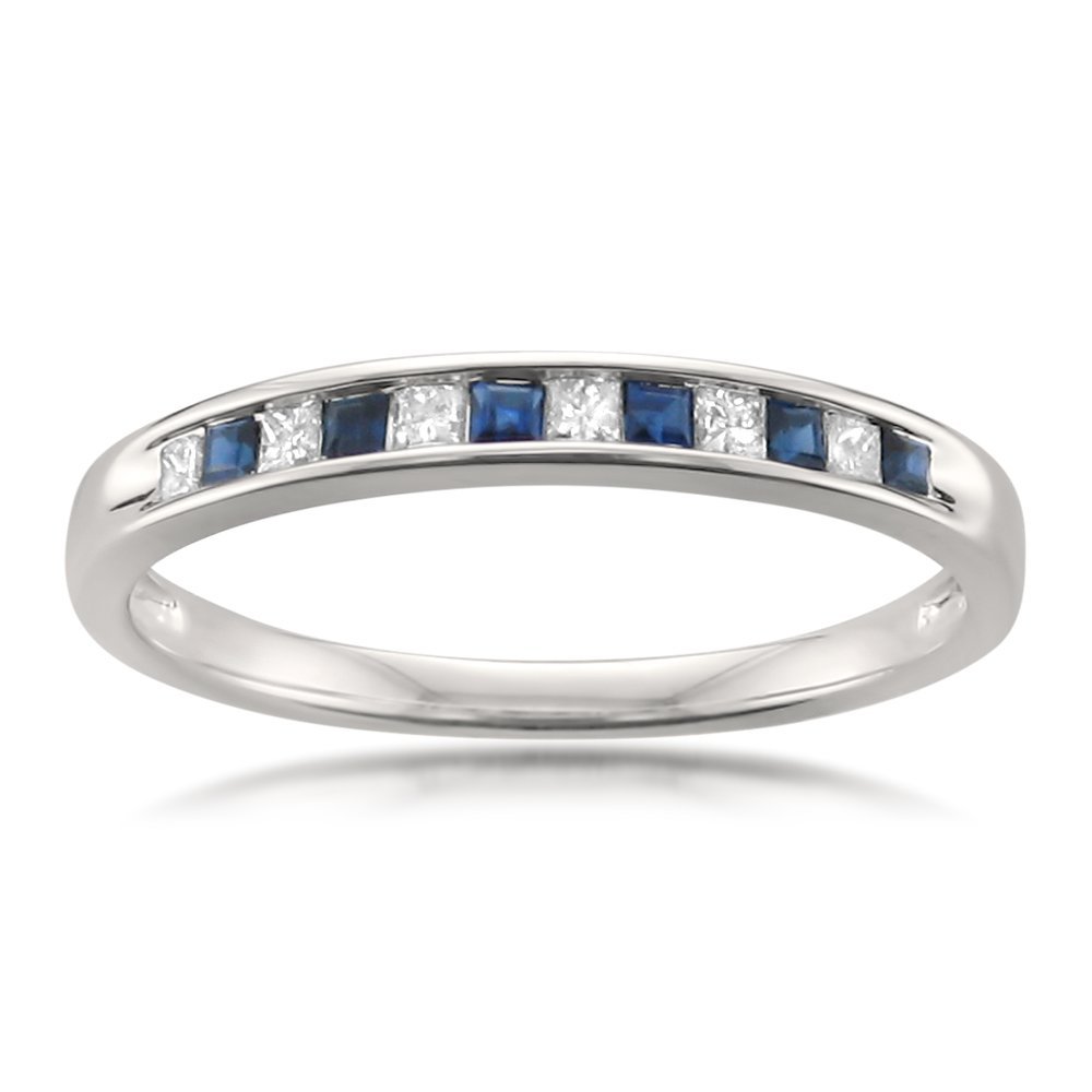 La4ve Diamonds 1/4 Carat Diamond, Channel-Set 14kt White Gold Princess-Cut Diamond & Blue Sapphire Bridal Wedding Band Ring (H-I, I1-I2)