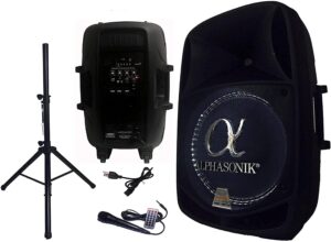 alphasonik 15" powered 2800w pro dj amplified loud speaker bluetooth usb sd card aux mp3 fm radio pa system led ring karaoke mic main monitor, band church, party, guitar amp, home, bbq w/tripod stand