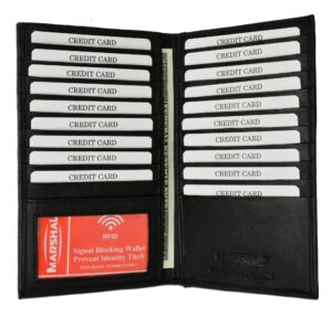 marshal bifold leather rfid blocking wallet for men & women | genuine leather holder with 19 slots, 2 bill compartments & id window for credit/debit cards, money & more (black)