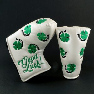 clover and horseshoe headcover for blade and midsize mallet putter, white, golf head cover