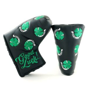 clover and horseshoe headcover for midsize mallet putter, black, golf head cover