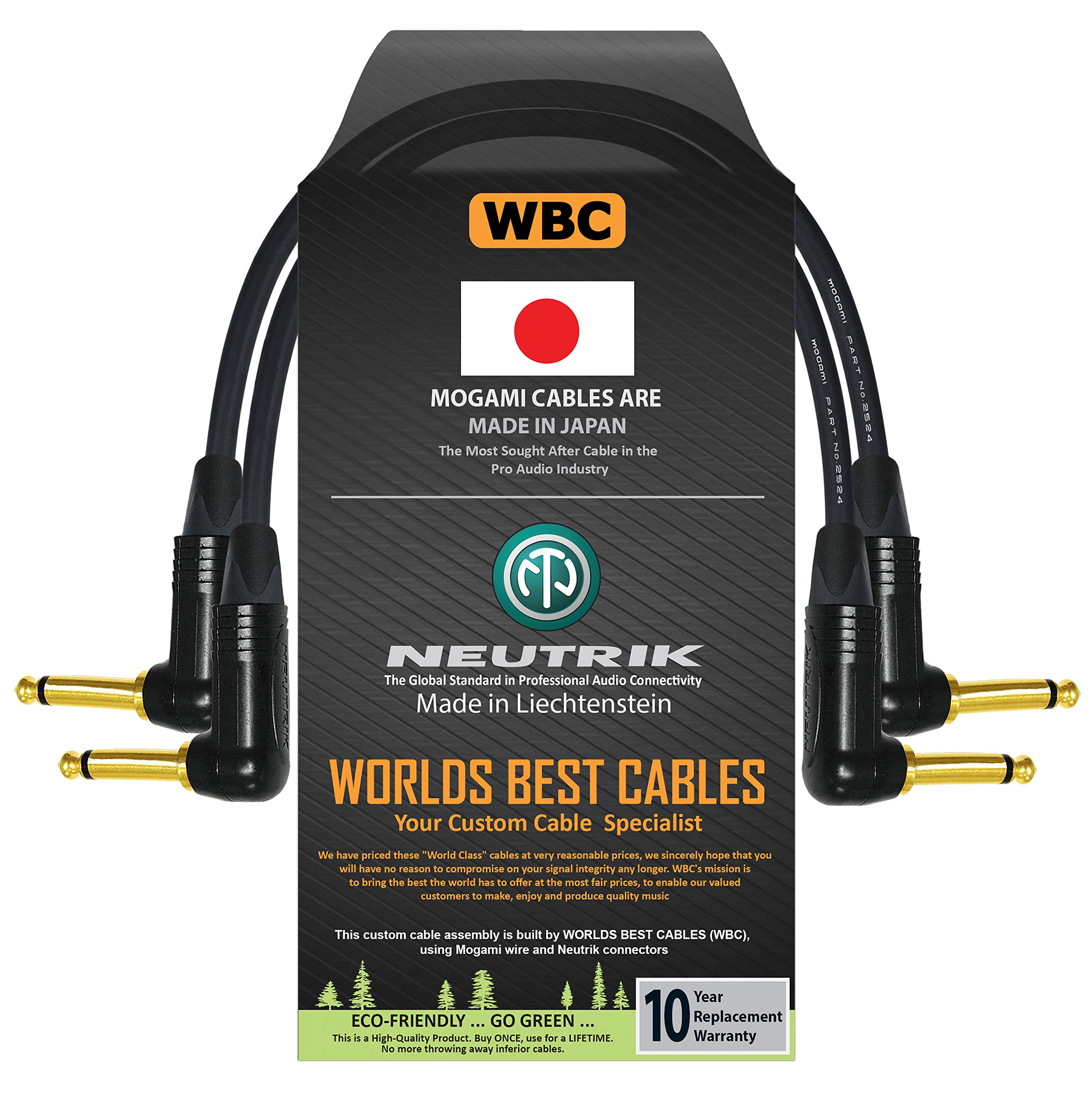 WORLDS BEST CABLES 2 Units - 10 Inch - Guitar Instrument Cable CUSTOM MADE using Mogami 2524 wire and Neutrik NP2RX-B ¼ Inch (6.35mm) Right Angled Gold TS Connectors