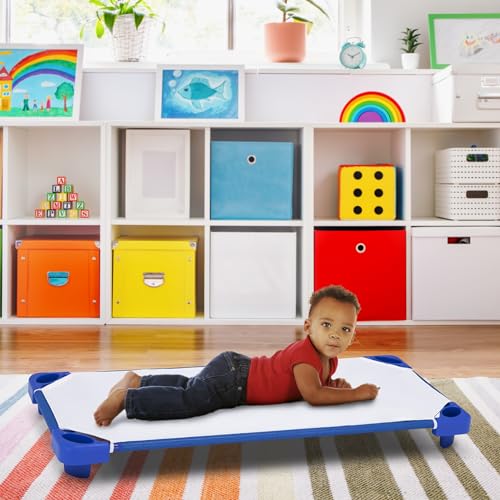 Sprogs Heavy-Duty Stackable Standard Size 52"L Daycare Cots for Kids and Toddlers, Stacking Preschool Classroom Kids Cots for Sleeping, Resting, Naptime, Pack of 6, Blue