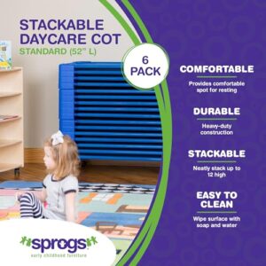 Sprogs Heavy-Duty Stackable Standard Size 52"L Daycare Cots for Kids and Toddlers, Stacking Preschool Classroom Kids Cots for Sleeping, Resting, Naptime, Pack of 6, Blue