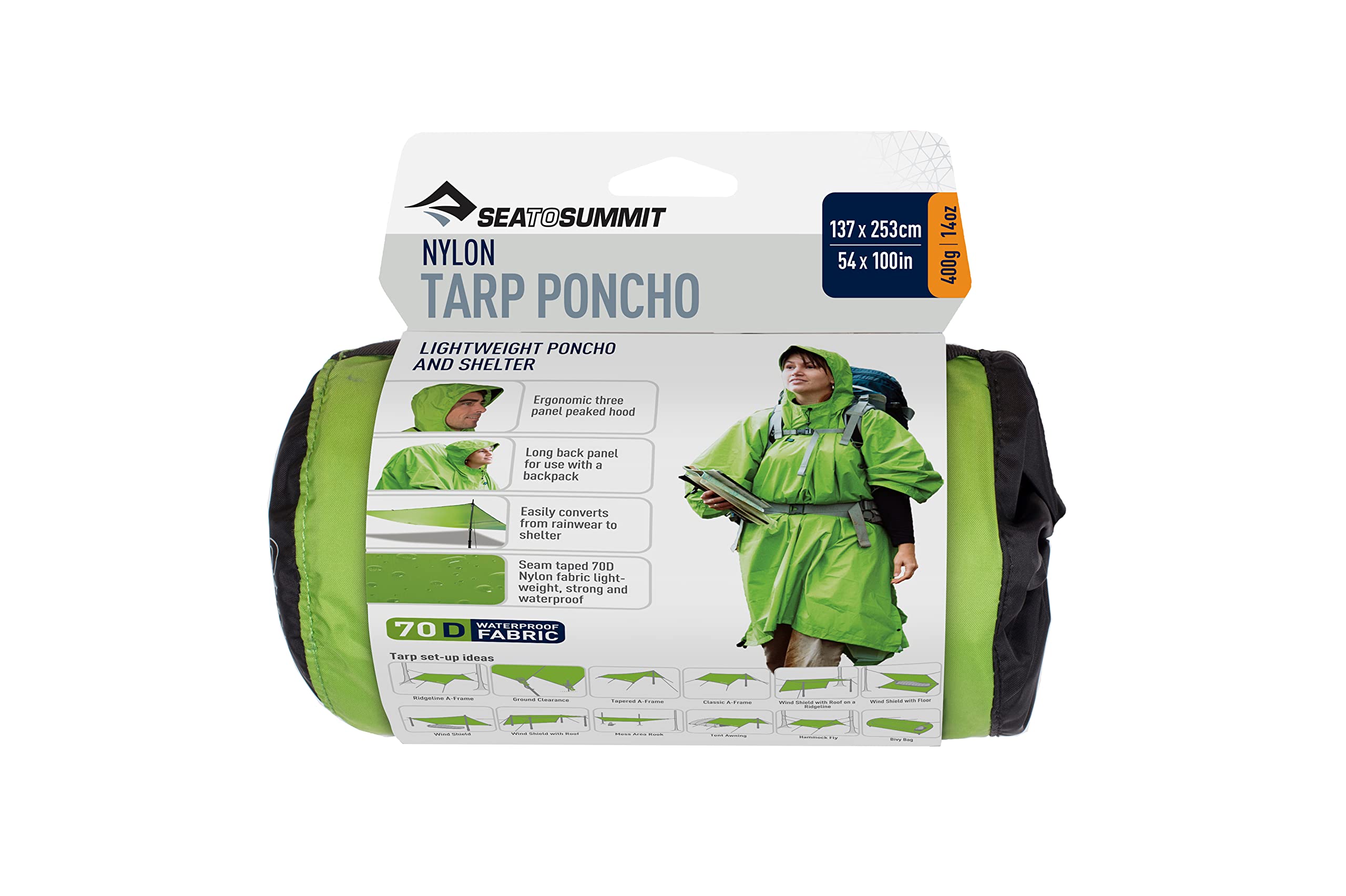 Sea to Summit Nylon Tarp Poncho 4-in-1 Raincoat, Pack Cover, Groundsheet, and Shelter, Apple Green