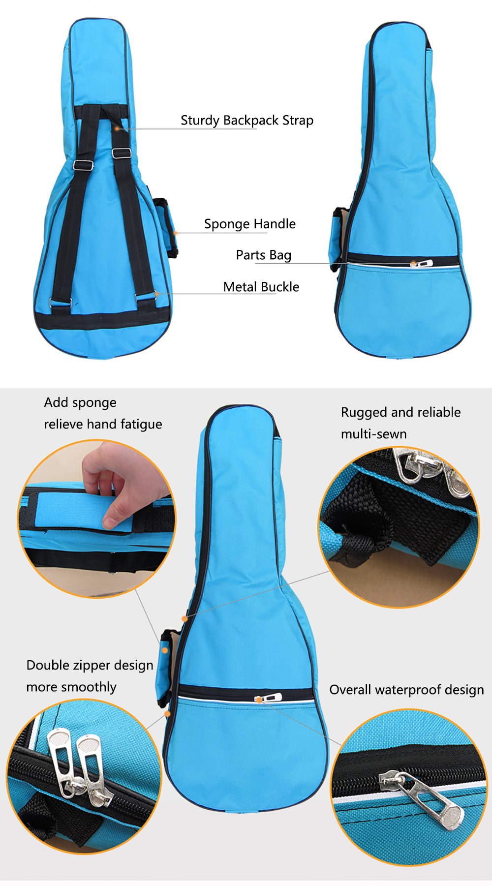 HOT SEAL Waterproof Durable Colorful Ukulele Cotton Case Bag with Storage (21in, light blue)