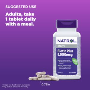 Natrol Beauty Biotin Plus Lutein 5,000 mcg, Dietary Supplement to Support Healthy Hair, Skin and Nails, 60 Beauty Tablets for Adults, 60 Day Supply