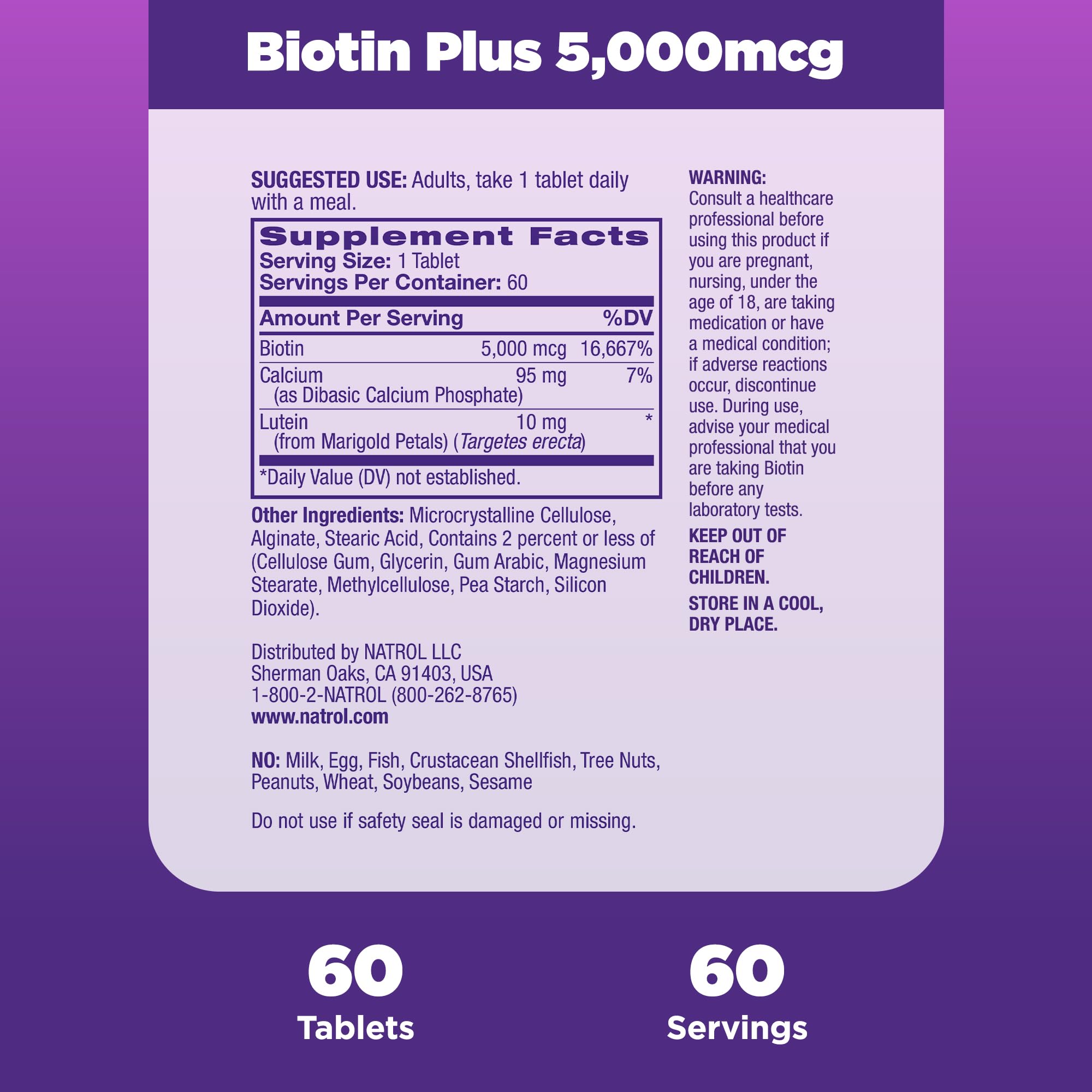 Natrol Beauty Biotin Plus Lutein 5,000 mcg, Dietary Supplement to Support Healthy Hair, Skin and Nails, 60 Beauty Tablets for Adults, 60 Day Supply