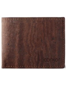 corkor slim bifold wallet for men - cork wallet - vegan leather cruelty free brown