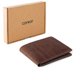 Corkor Slim Bifold Wallet for Men - Cork Wallet - Vegan Leather Cruelty Free Brown