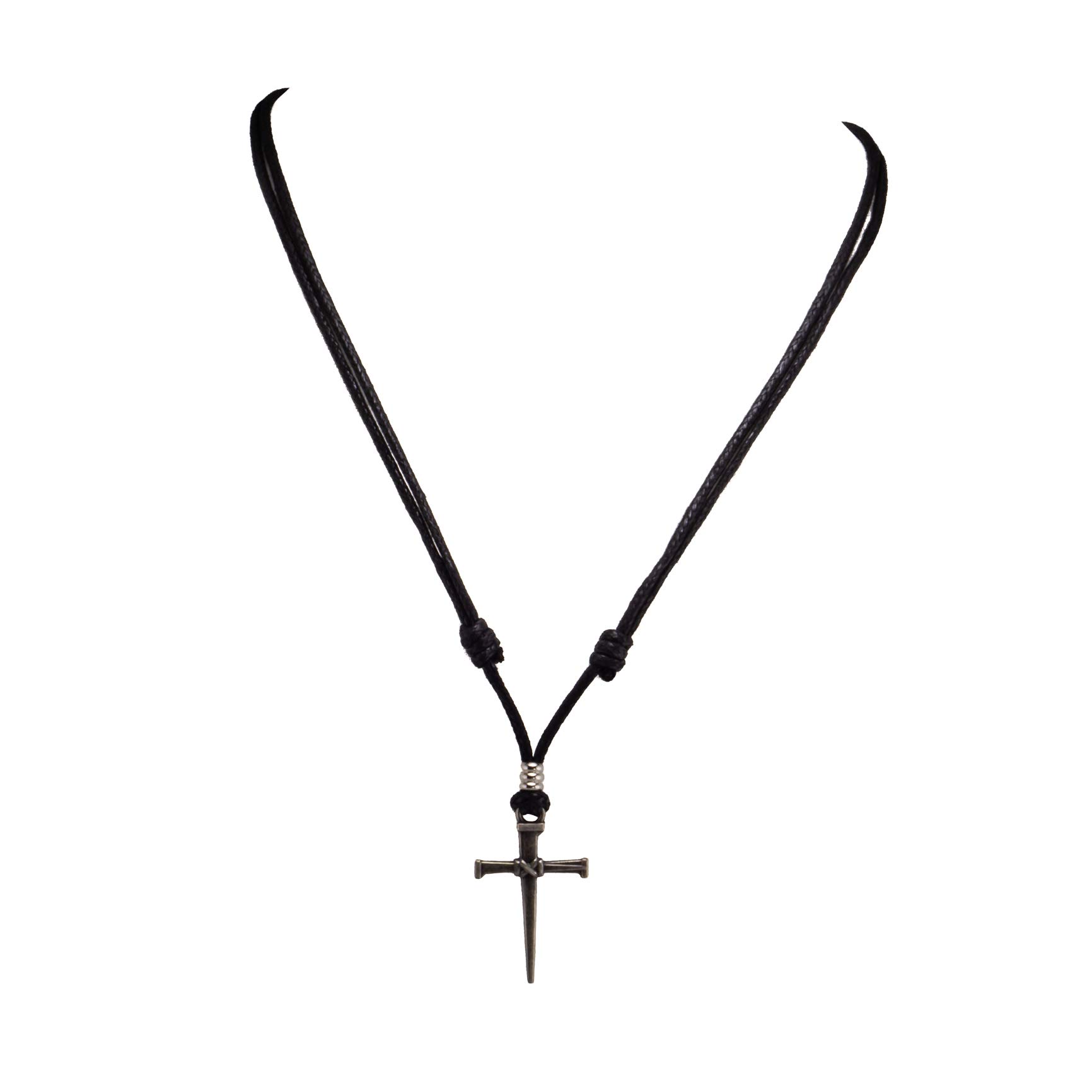 BlueRica Nail & Cross on Adjustable Black Cord Necklace (Old Silver Finish)