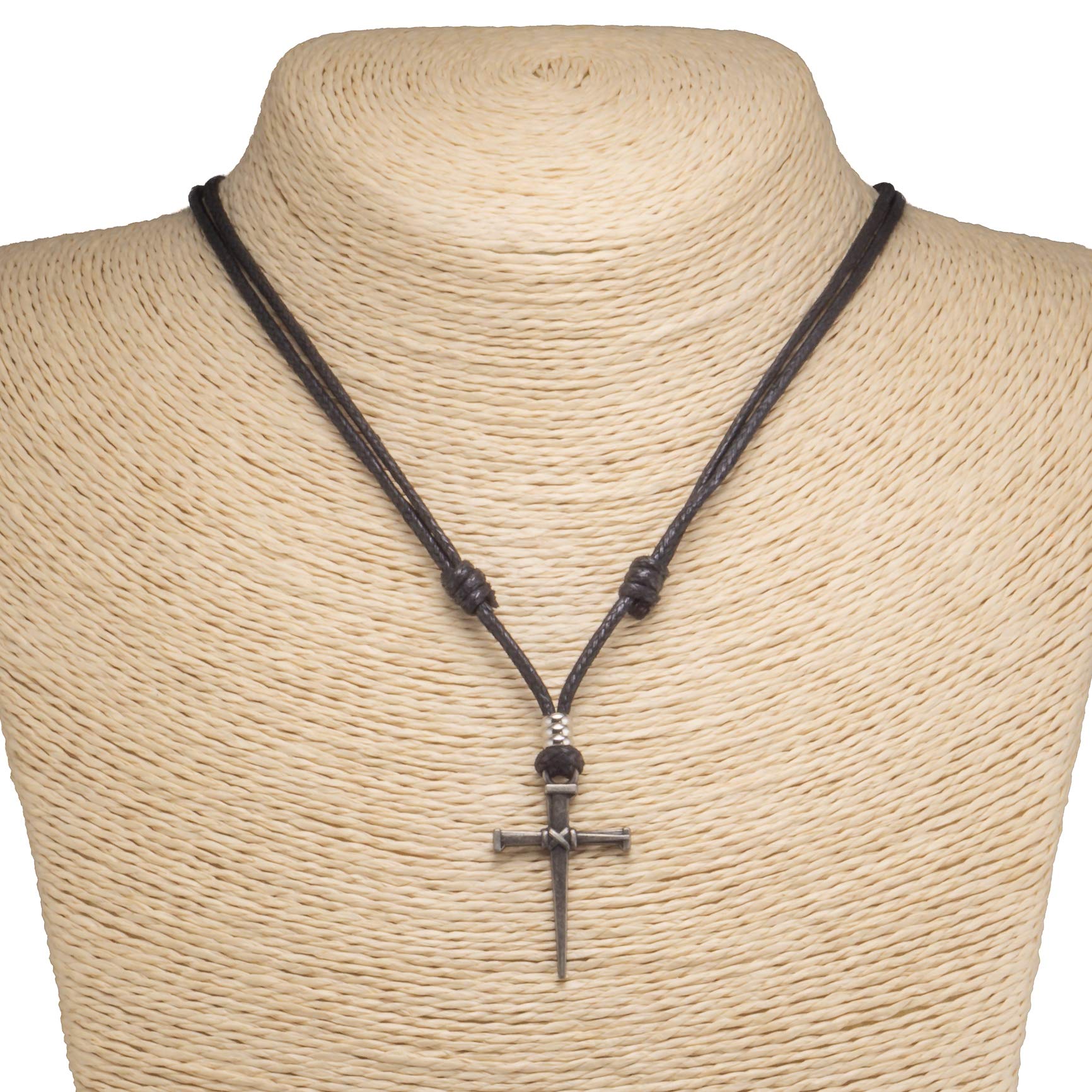 BlueRica Nail & Cross on Adjustable Black Cord Necklace (Old Silver Finish)