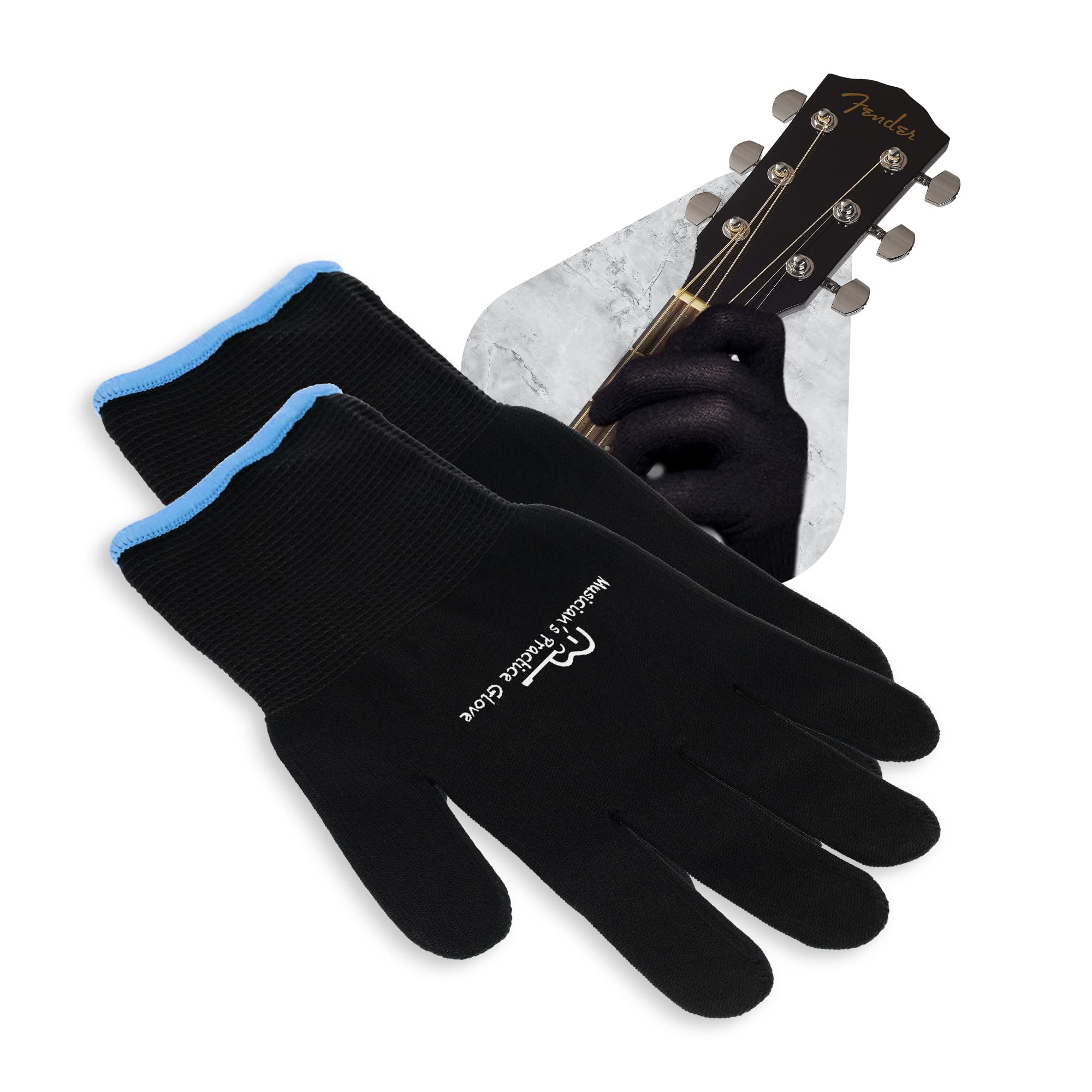 Musician's Practice Glove - 2-Pack Guitar Gloves for Men and Women, Fingertip Protectors for Playing String Instruments, Hand Issues and More, Nylon Thin Gloves for Indoor/Outdoor Gigs, Medium, Black