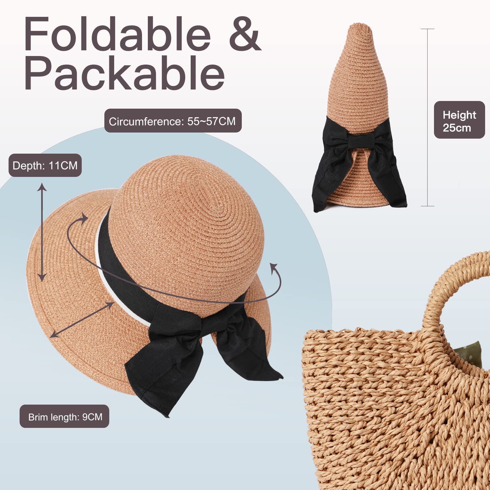 Women Summer Straw Sun Hat UPF Ladies Beach Accessories Fashions Hats Fedora Wide Brim Packable Beige Medium M