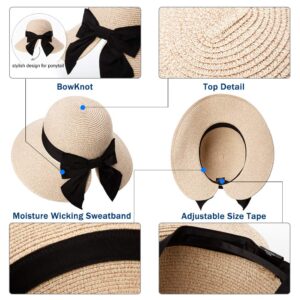 Women Summer Straw Sun Hat UPF Ladies Beach Accessories Fashions Hats Fedora Wide Brim Packable Beige Medium M