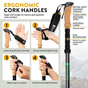 Hiker Hunger Carbon Fiber Trekking Poles | Collapsible Walking Sticks for Travel | Walking Poles for Women | Hiking Poles for Men | Hiking Sticks | Walking Stick - 3k Black & Green Cork