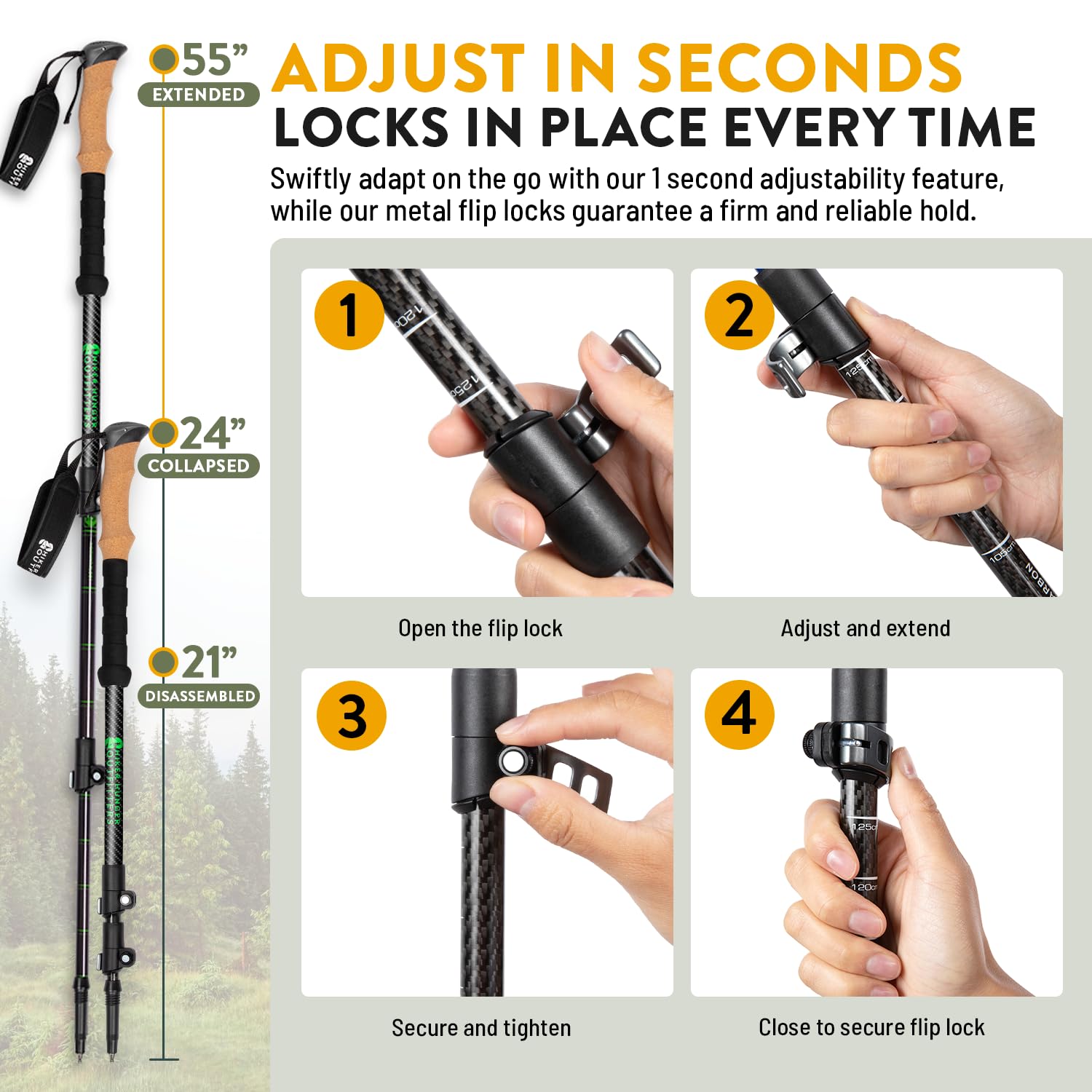 Hiker Hunger Carbon Fiber Trekking Poles | Collapsible Walking Sticks for Travel | Walking Poles for Women | Hiking Poles for Men | Hiking Sticks | Walking Stick - 3k Black & Green Cork