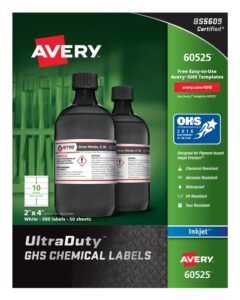 avery ultraduty ghs chemical labels for pigment inkjet printers, waterproof, uv resistant, 2x4,500pk (60525)