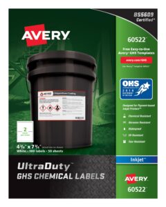 avery ultraduty ghs chemical labels for pigment inkjet printers, waterproof, uv resistant, 4.8 x 7.8 (60522)