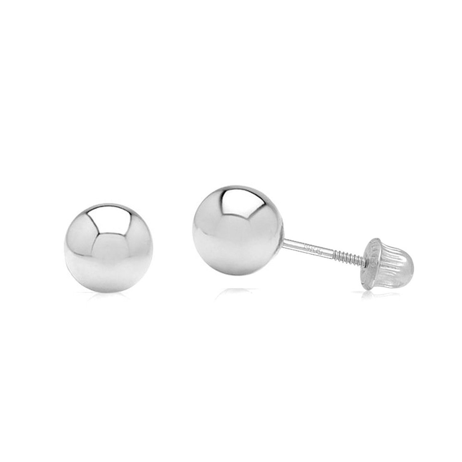 14k White Gold Ball Stud Earrings with Secure and Comfortable Screw Backs (6mm)