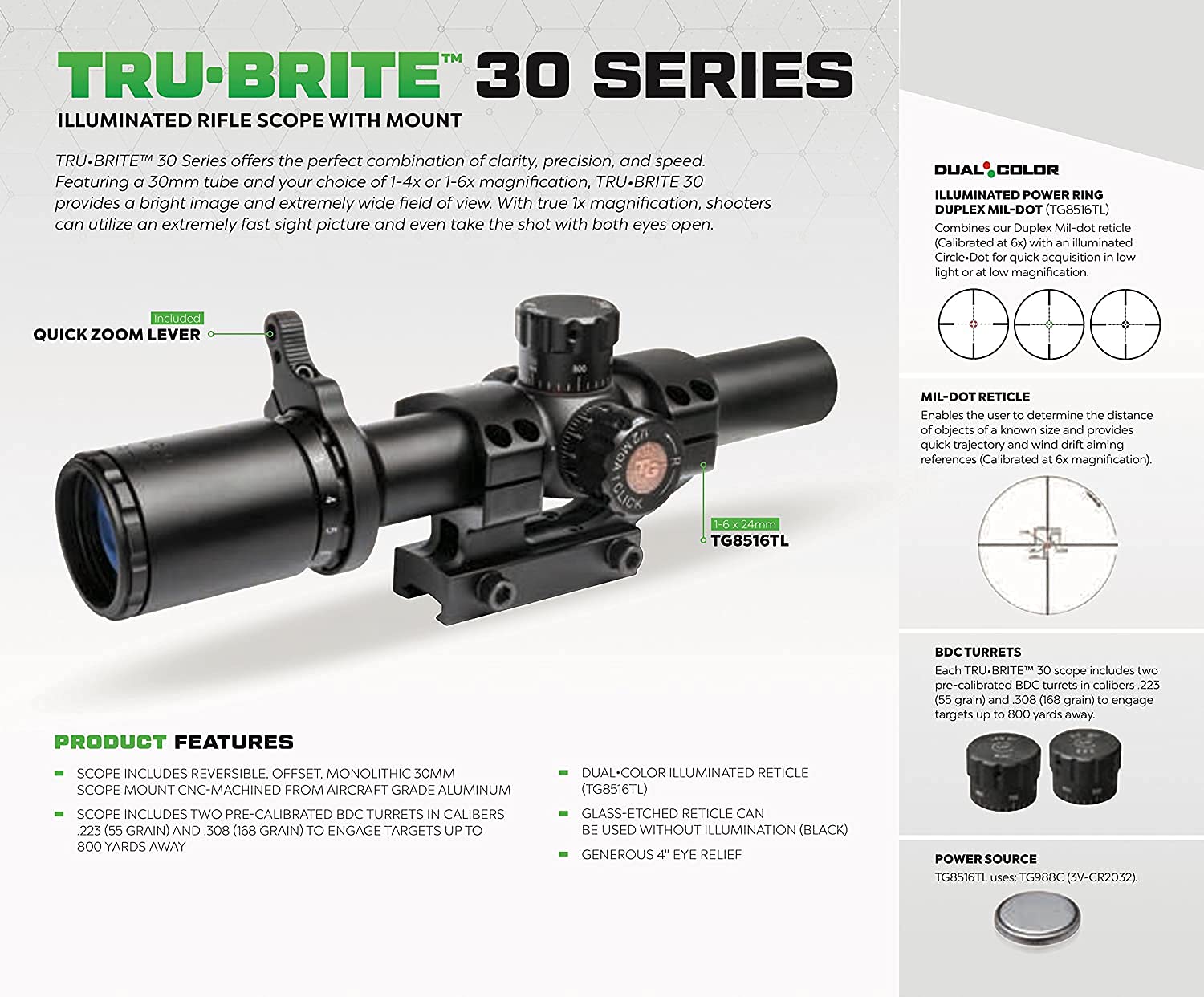 TruGlo TG8516TL Tru-Brite 1 to 6x Magnification 24 Millimeter Illuminated Power Ring Duplex Dot Riflescope with MIL DOT Reticle and Mount, Matte Black