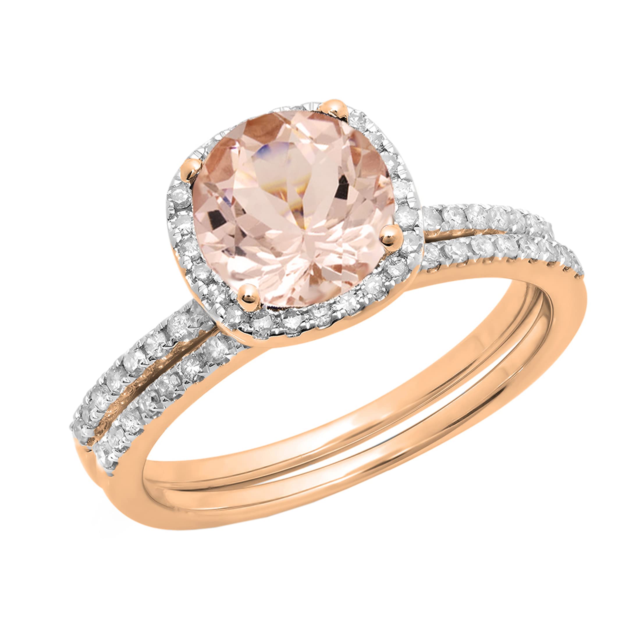 Dazzlingrock Collection 10K 6 MM Round Morganite & White Diamond Bridal Halo Engagement Ring Set, Rose Gold, Size 7