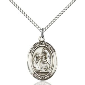 custom engraved sterling silver st. catherine of siena pendant 3/4 x 1/2 inches with sterling silver lite curb chain