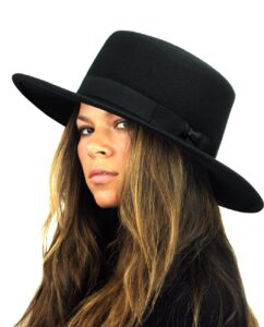 nyfashion101 wool wide brim porkpie fedora hat w/simple band accent - black