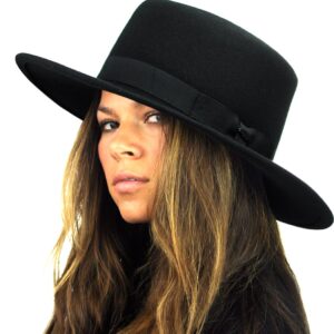 NYFASHION101 Wool Wide Brim Porkpie Fedora Hat w/Simple Band Accent - Black